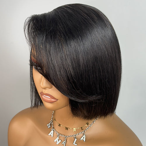 Cute Side Part Bob Wig With Side-Swept Bangs 100% Human Hair